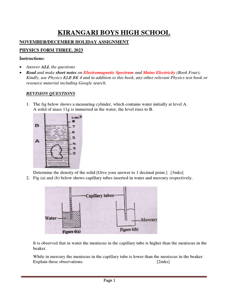 Physics Holiday Assignment Form 3 | PDF | Electromagnetic Radiation ...