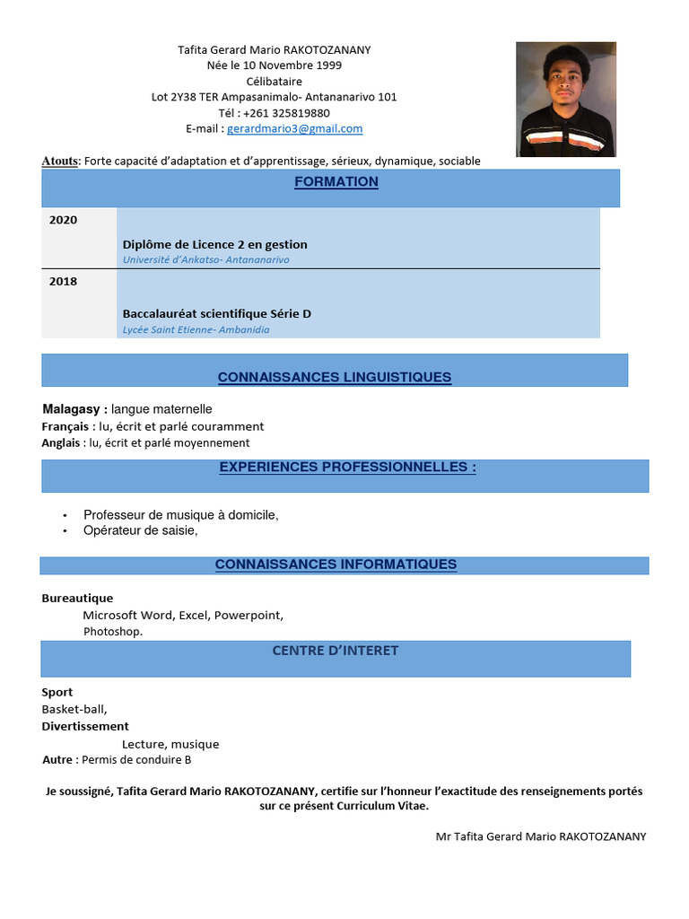 CV de Tafita Gerard Mario RAKOTOZANANY | PDF
