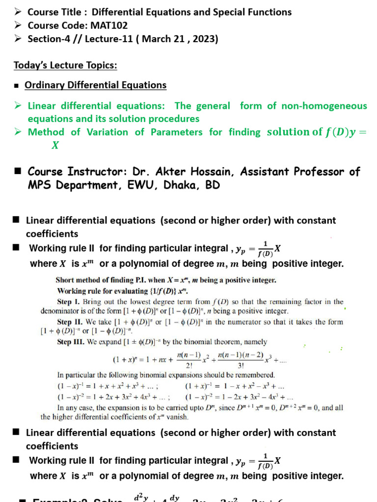 Lec-11 - Math 102 (4) - March 21 - 2023 | PDF | Equations | Polynomial