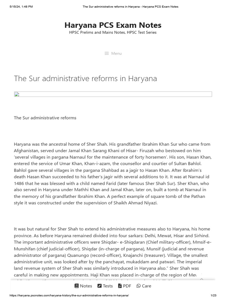 The Sur Administrative Reforms in Haryana - Haryana PCS Exam Notes | PDF