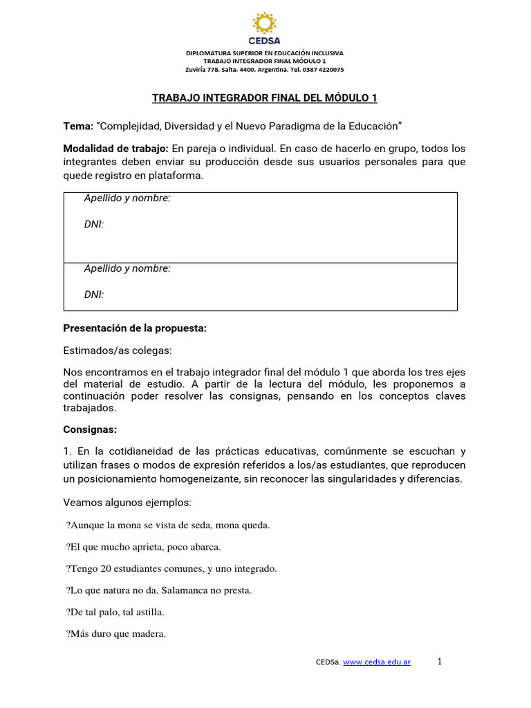 M1. Trabajo Integrador Final - Ed. Inclusiva 2024 | PDF