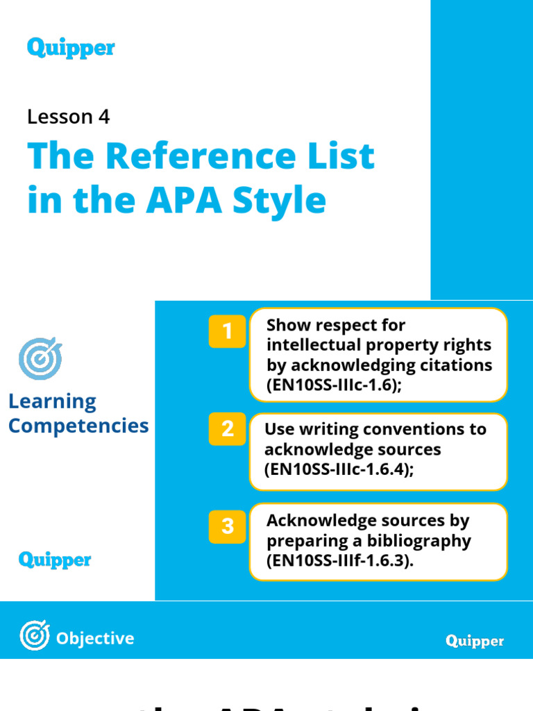 English 10 Unit 8 Lesson 4 the Reference List in the APA Style 1 | PDF ...