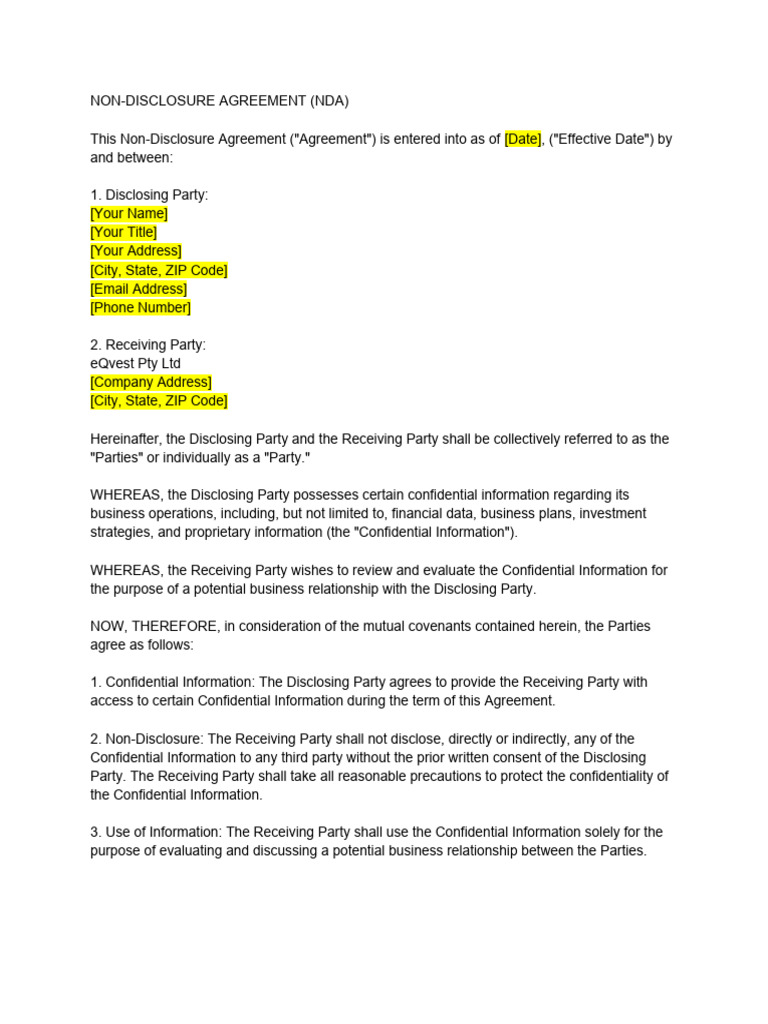 NDA Draft - eQVest | Download Free PDF | Non Disclosure Agreement ...