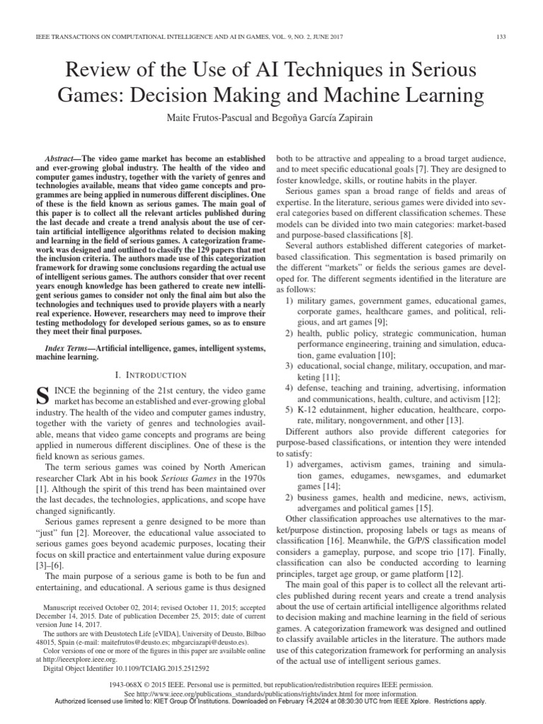 Review of The Use of AI Techniques in Serious Games Decision Making and Machine Learning | PDF ...