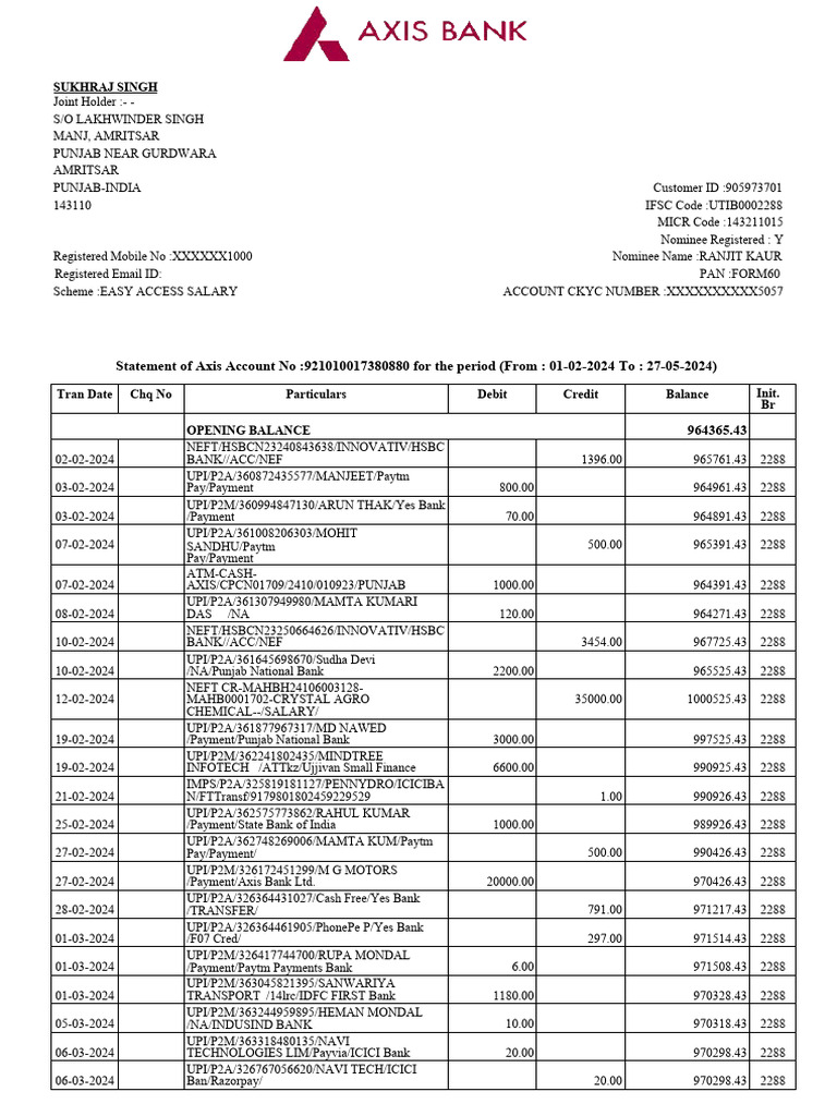 Axis Bank Statement 2024 | PDF | Debit Card | Visa Inc.