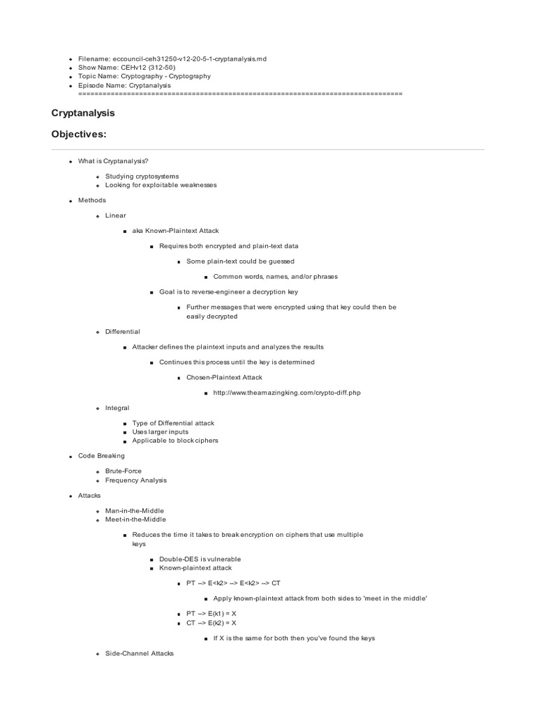 Eccouncil Ceh31250 v12!20!5 1 Cryptanalysis | PDF | Cryptography | Cryptanalysis