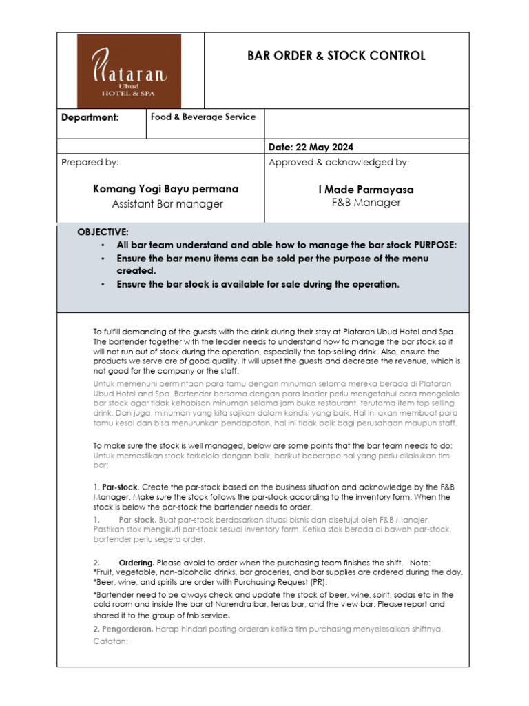 BAR STOCK AND ORDER SOP | PDF | Restaurants | Drink