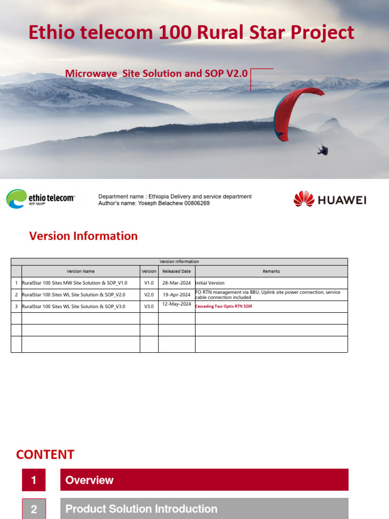 Ethio Telecom 100 Rural Star Project MW Site Solution and SOP V3.0 | PDF | Screw | Power Supply