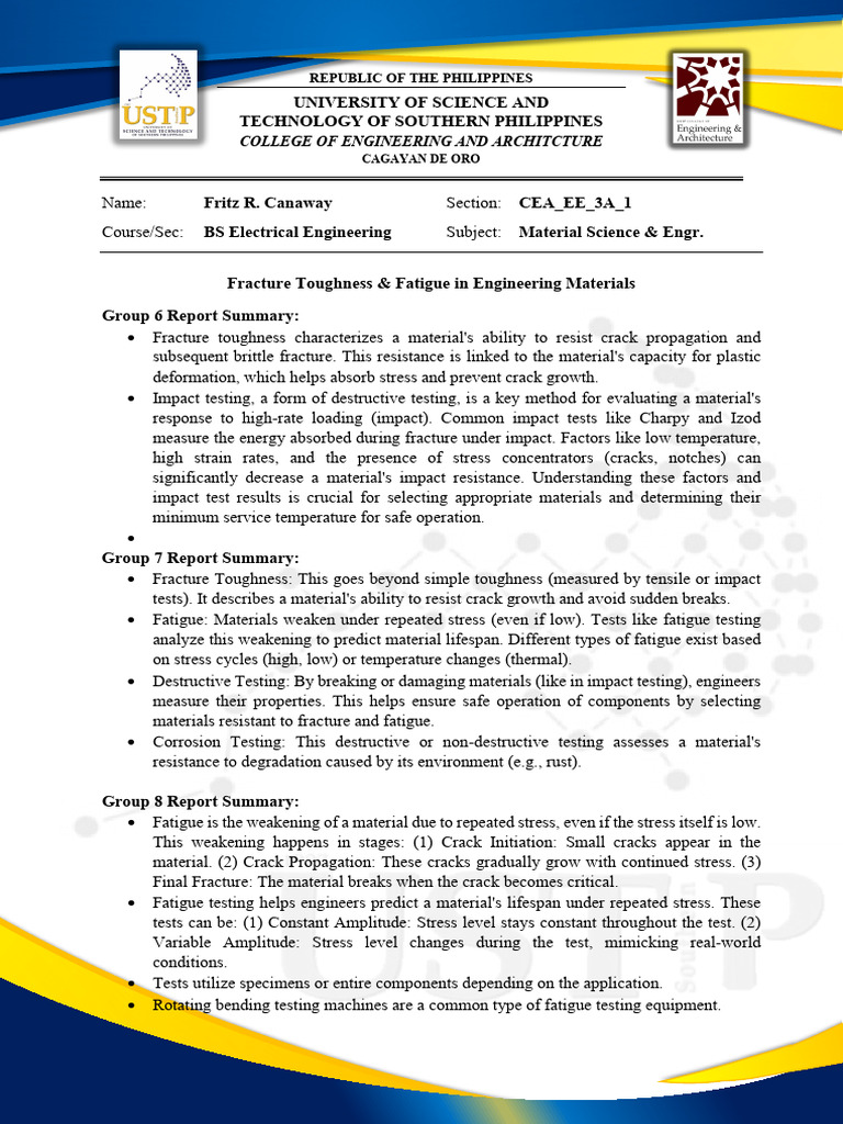 Canaway, Fritz - EE3A - Group 6, 7, 8 Report Summary | PDF | Fracture Mechanics | Fracture