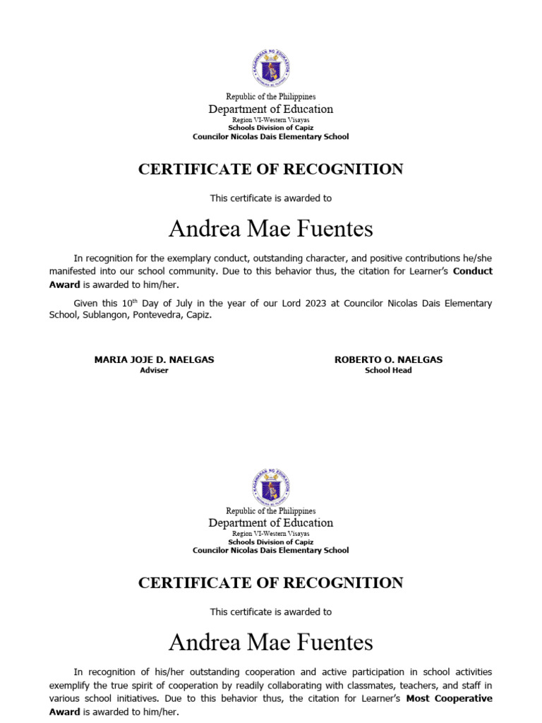 CERTIFICATE OF RECOGNITION Cooperative and Conduct | PDF
