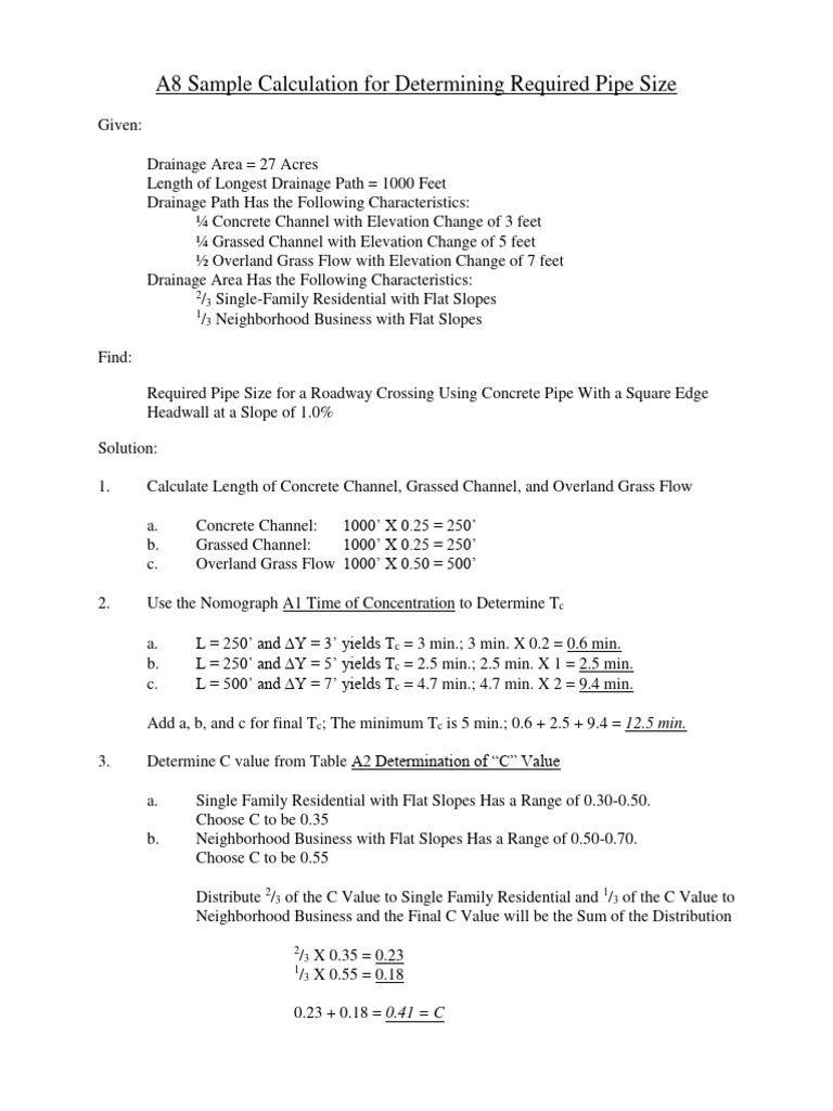 A8 Sample Calculation For Determining Required Pipe Size - Rational ...