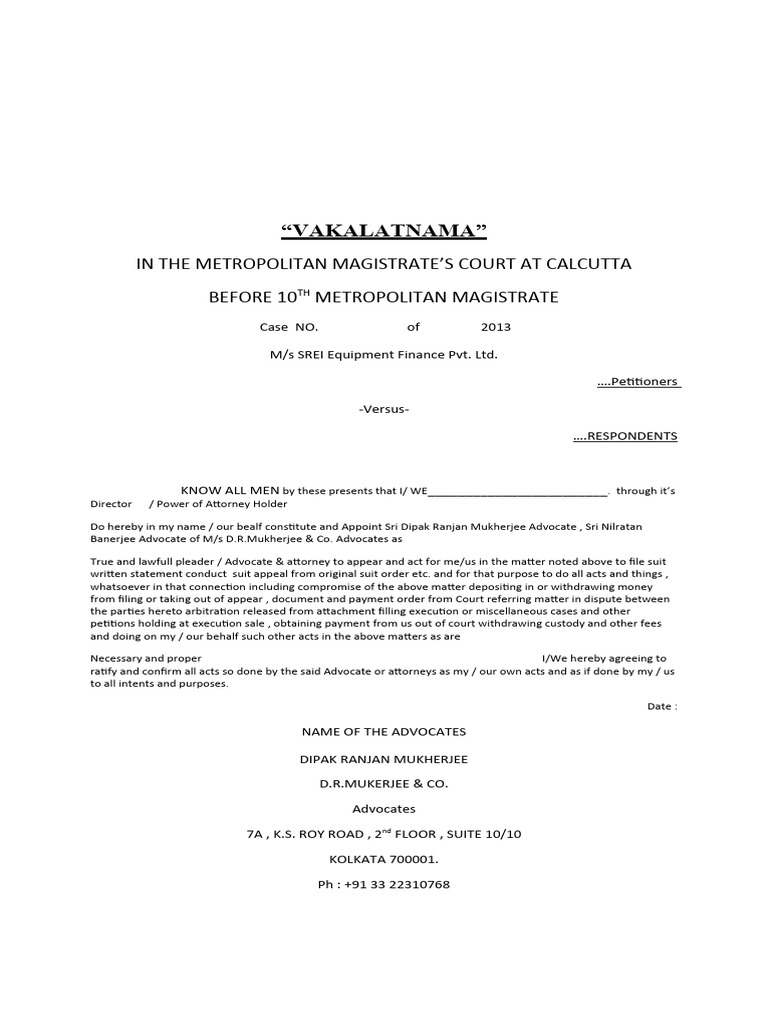 Vakalatnama for Kolkata Magistrate Court | PDF | Lawsuit | Common Law