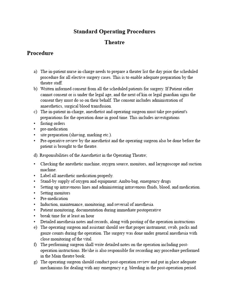 Standard Operating Procedures Theatre | PDF | Surgery | Anesthesia