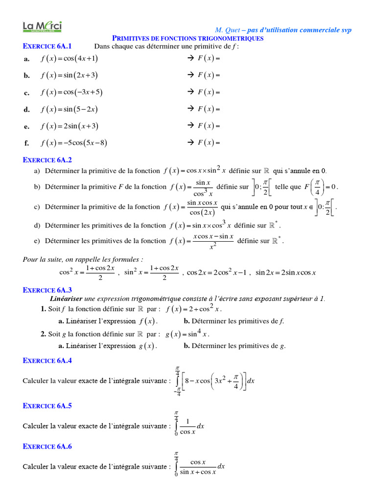 Primitives de fonctions trigonométriques | PDF | Analyse mathématique ...