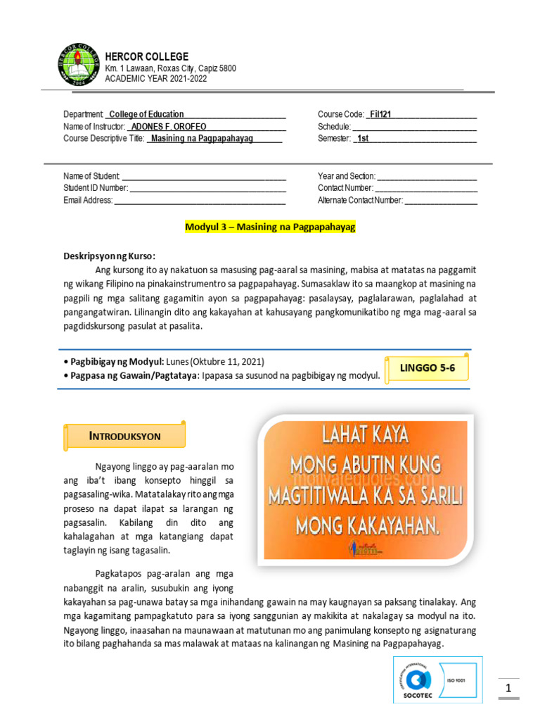 Modyul 3 Masining Na Pagpapahayag | PDF