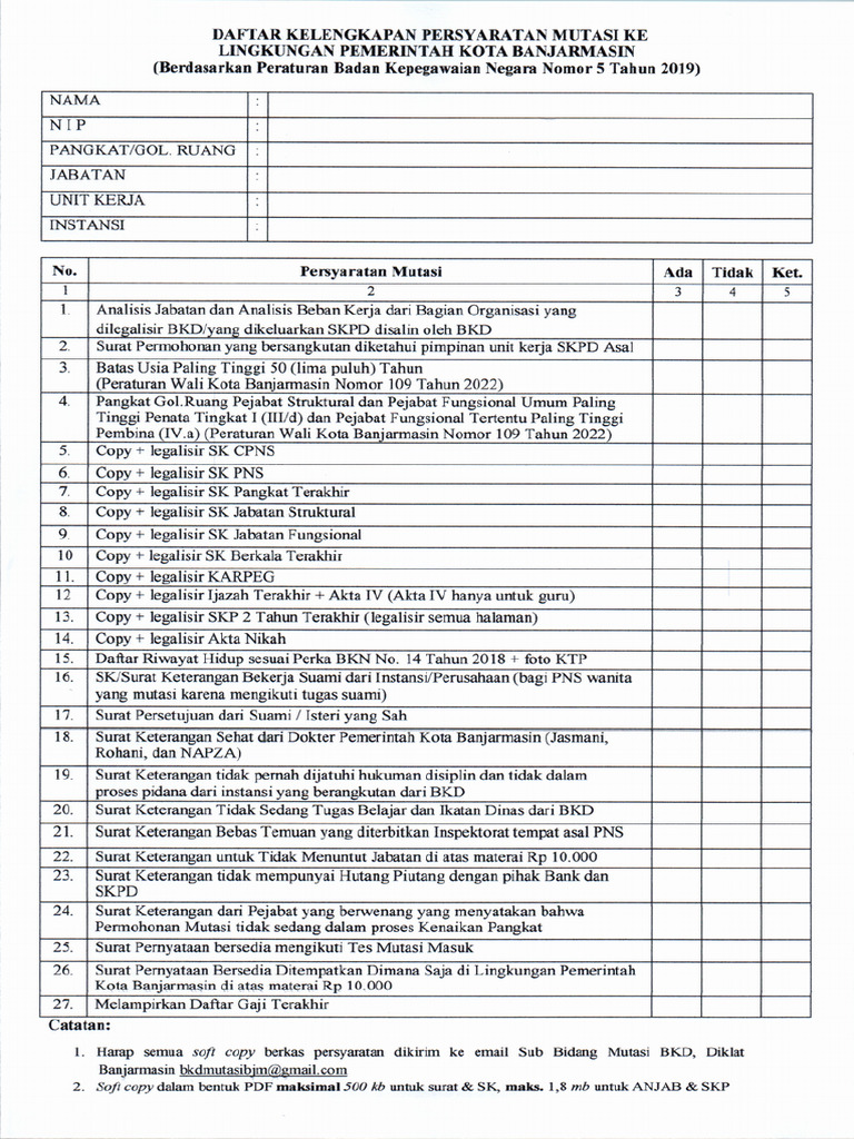 Daftar Kelengkapan Persyaratan Mutasi | PDF
