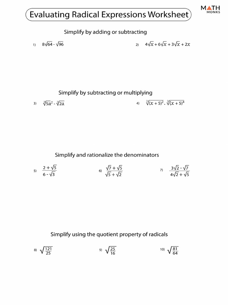 Evaluating Radical Expressions Worksheet49 | PDF