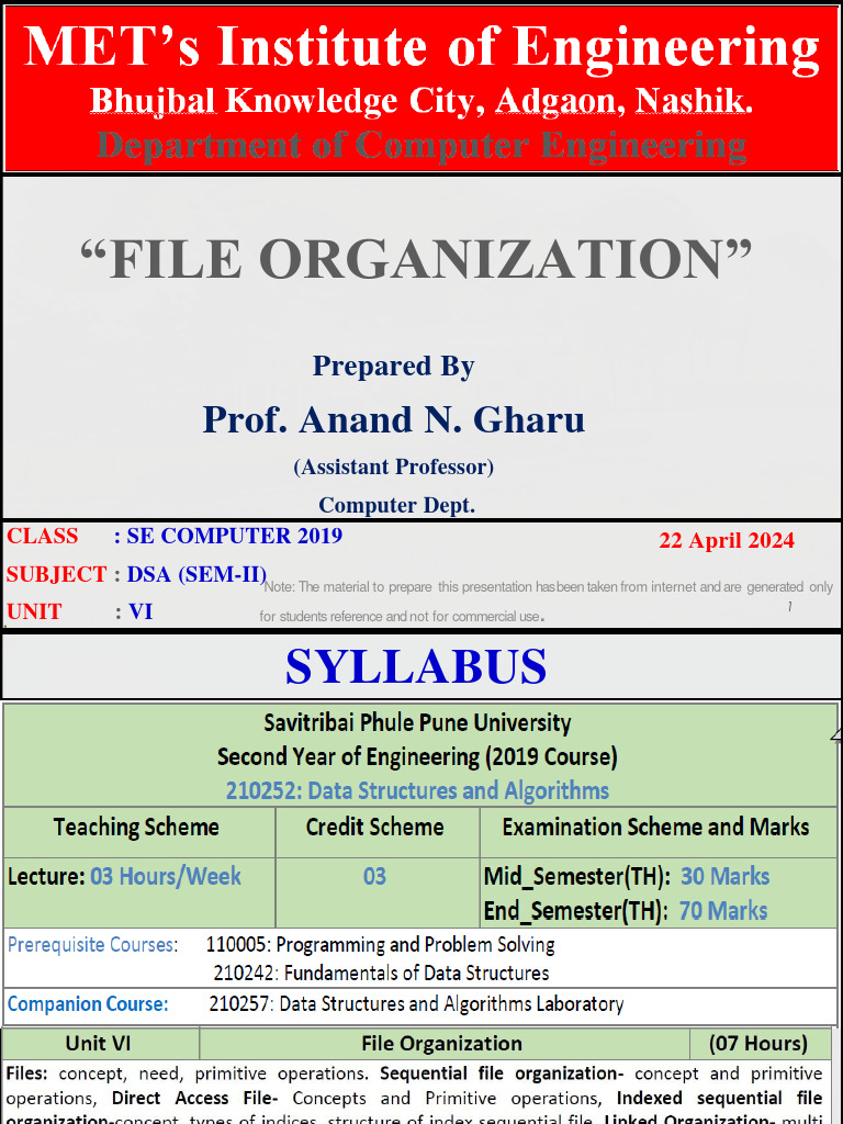 "File Organization": Prof. Anand N. Gharu | PDF | Database Index ...