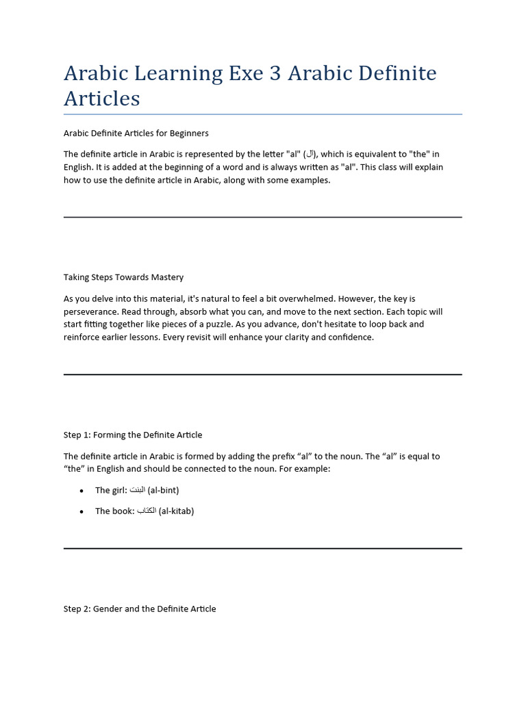 Arabic Learning Exe 3 Arabic Definite Articles | PDF | Grammatical ...
