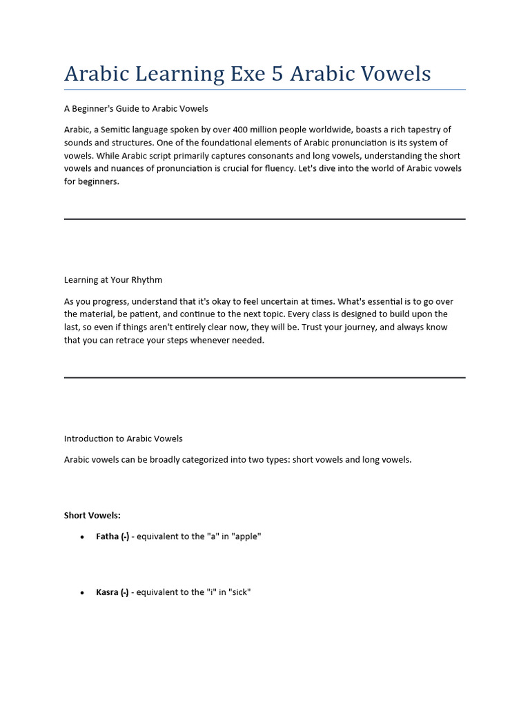 Arabic Learning Exe 5 Arabic Vowels | PDF | Arabic | Languages