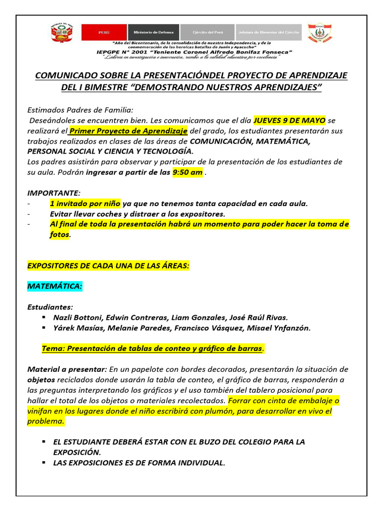 Comunicado Proyecto - Demostrando Lo Aprendido | PDF