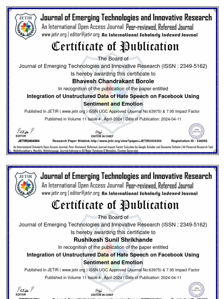 JETIR2404304 Certificate | Download Free PDF | Information Science