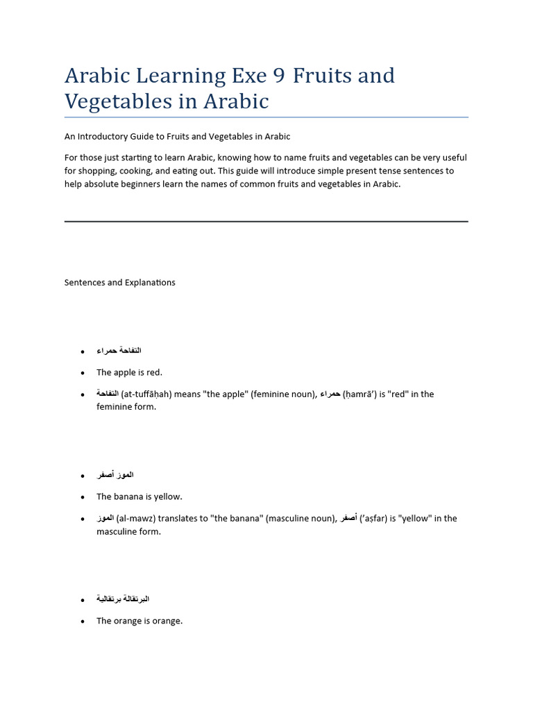 Arabic Learning Exe 9 Fruits and Vegetables in Arabic | PDF ...