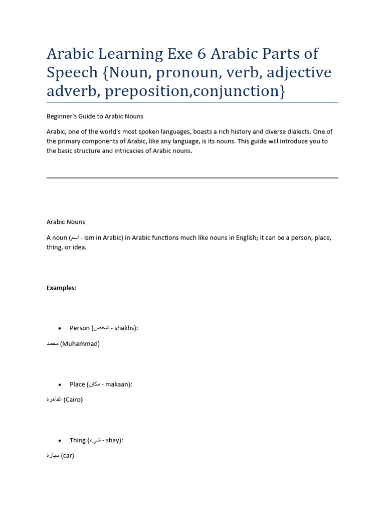 Arabic Learning Exe 6 Arabic Parts of Speech (Noun, Pronoun, Verb ...