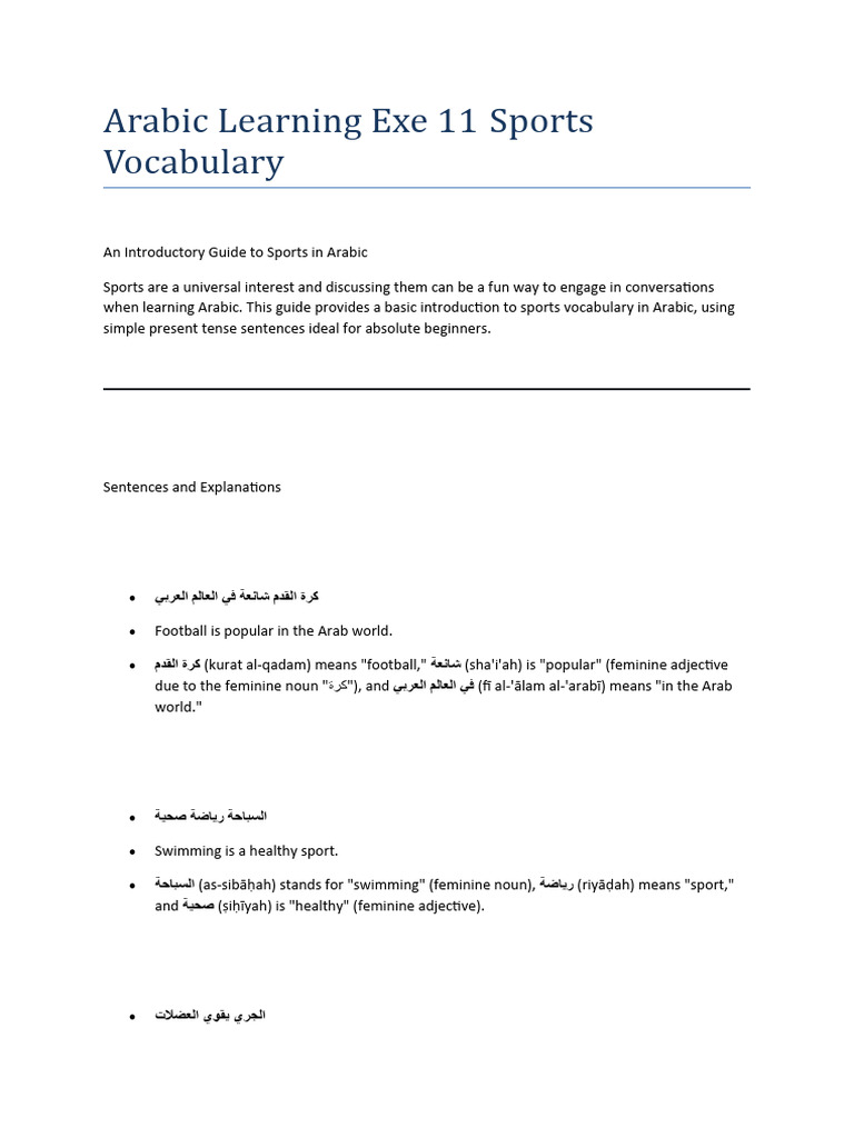 Arabic Learning Exe 11 Sports Vocabulary | PDF | Grammatical Gender ...