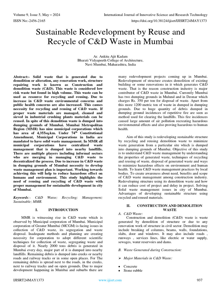 Sustainable Redevelopment by Reuse and Recycle of C&D Waste in Mumbai ...
