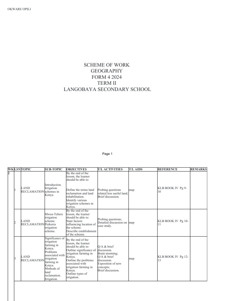 Geography Scheme of Work Form 4 2024 | PDF | Transport | Economies