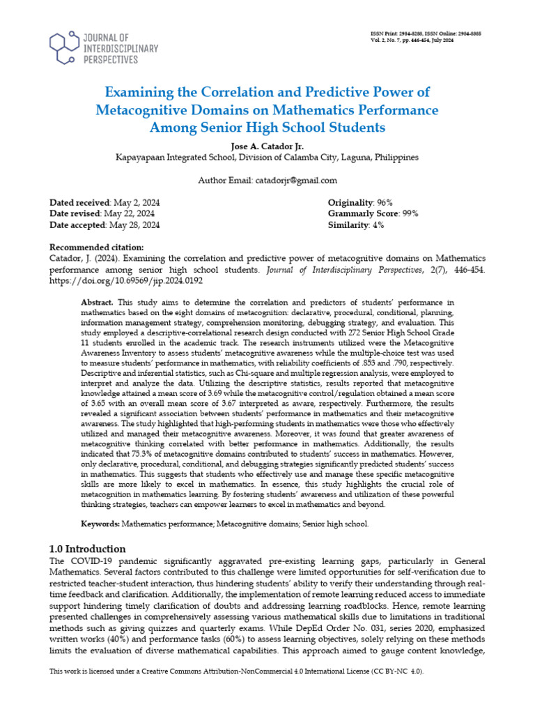 Examining The Correlation And Predictive Power Of Metacognitive Domains On Mathematics