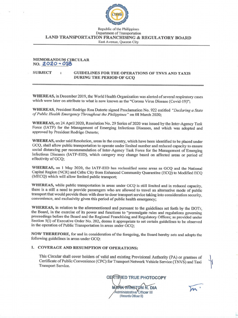 LTFRB MC No 2020 018 | PDF