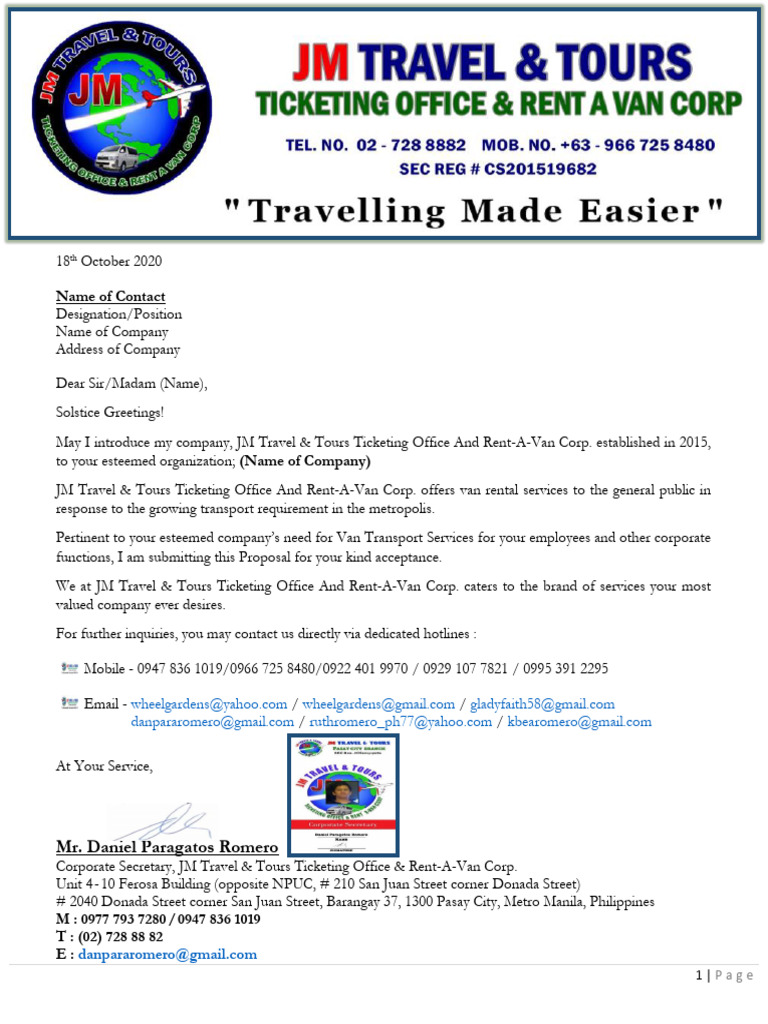 Letter of Intent Van Transport Service Proposal Template Name of ...