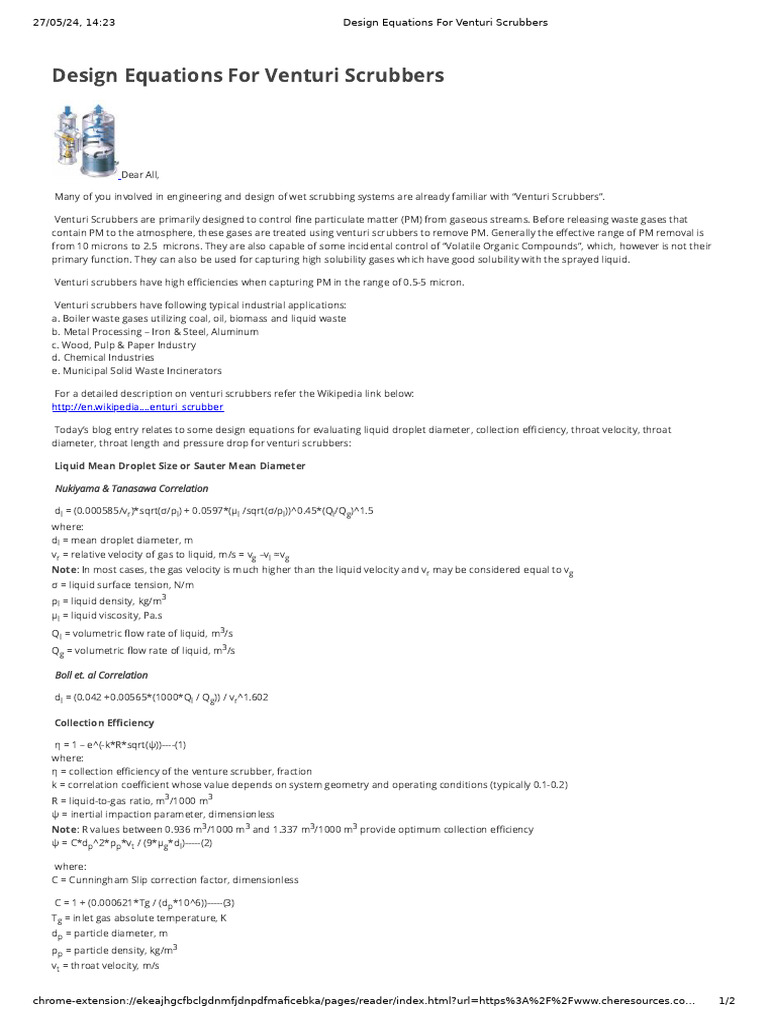 Design Equations For Venturi Scrubbers | PDF | Gases | Soft Matter