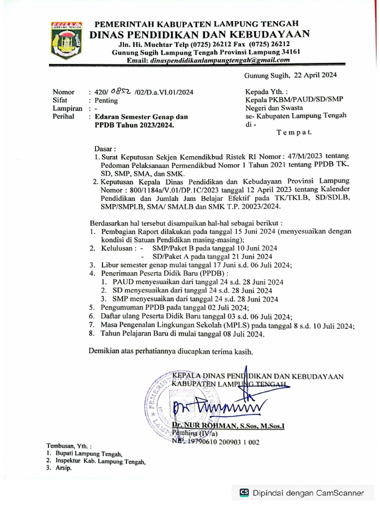 Edaran Semester Genap & PPDB Th.2023 2024 | PDF