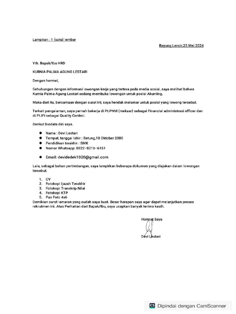 Lamaran Devi Lestari | PDF