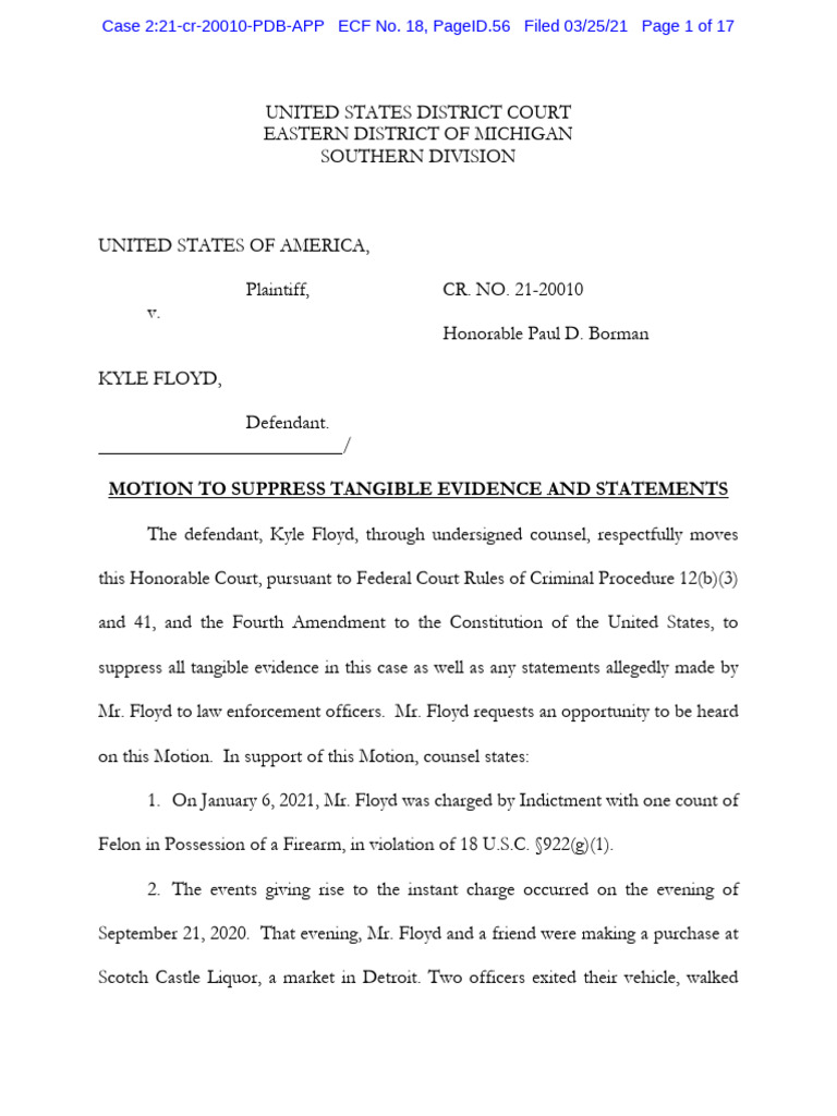 Motion to Suppress Evidence | PDF | Terry V. Ohio | Terry Stop