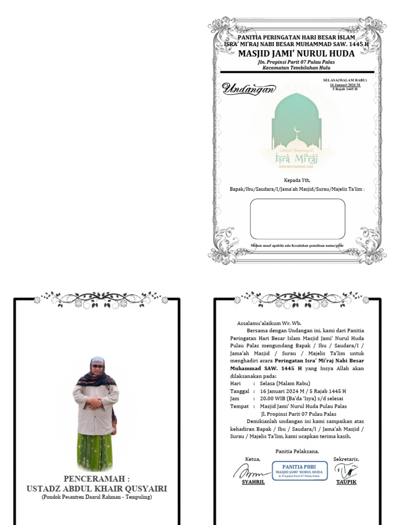 Undangan Phbi Laki-Laki Masjid Nurul Huda Mi'raj Nabi 1445 H | PDF