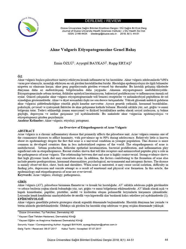 Akne Vulgaris Etiyopatogenezine Genel Bak - (#327050) - 451042 | PDF