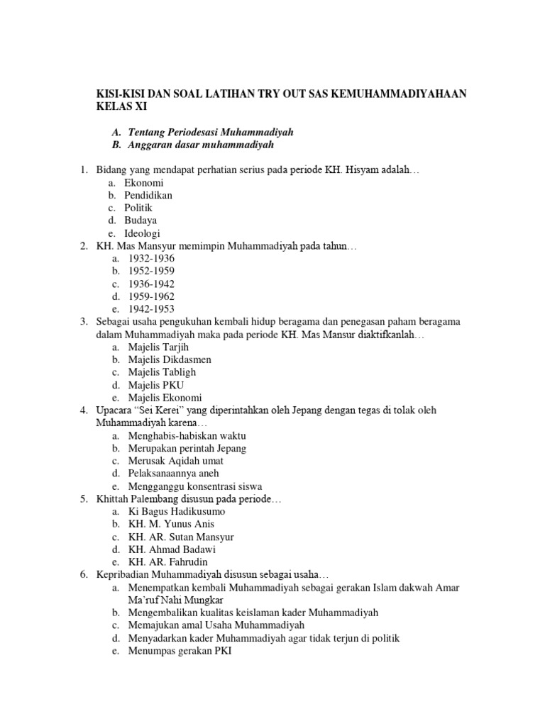 Kisi-Kisi Soal Try Out Kelas XI Muhammadiyah | PDF | Agama & Spiritualitas