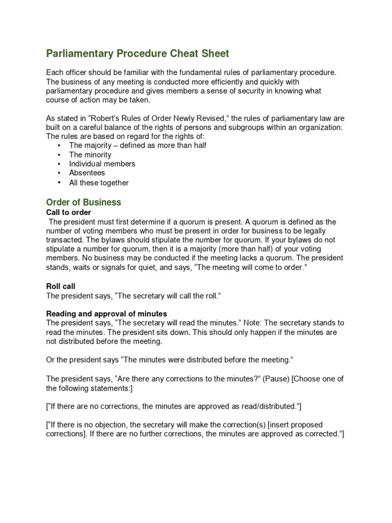 Parliamentary Procedure Cheat Sheet PDF | PDF | Committee | Voting