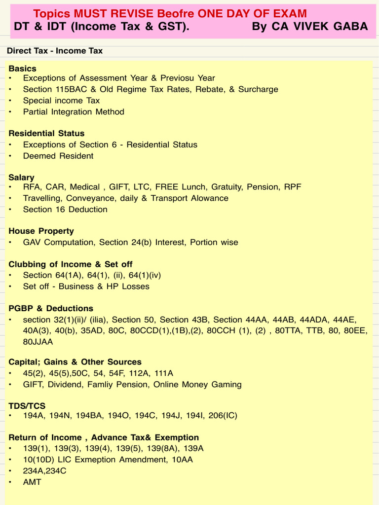 Income Tax & GST Exam Revision Guide | PDF | Taxes | Tax Exemption