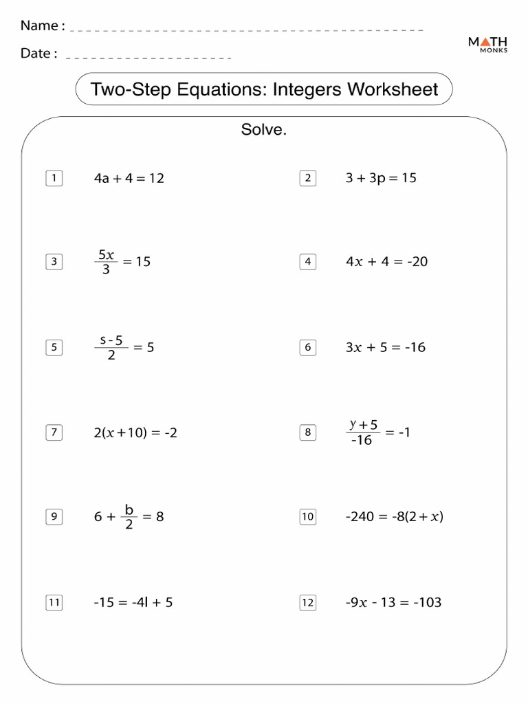 Two Step Equations Integers Worksheet34 | PDF