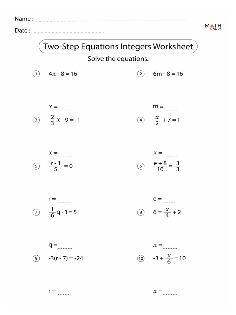 Two Step Equations Integers Worksheet and Answer Key With Work33 | PDF