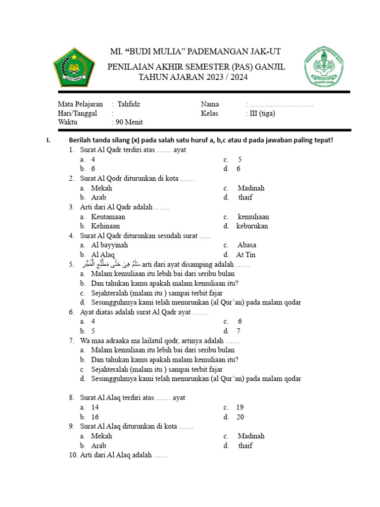 Soal PAS Tahfidz Kelas 3 | PDF