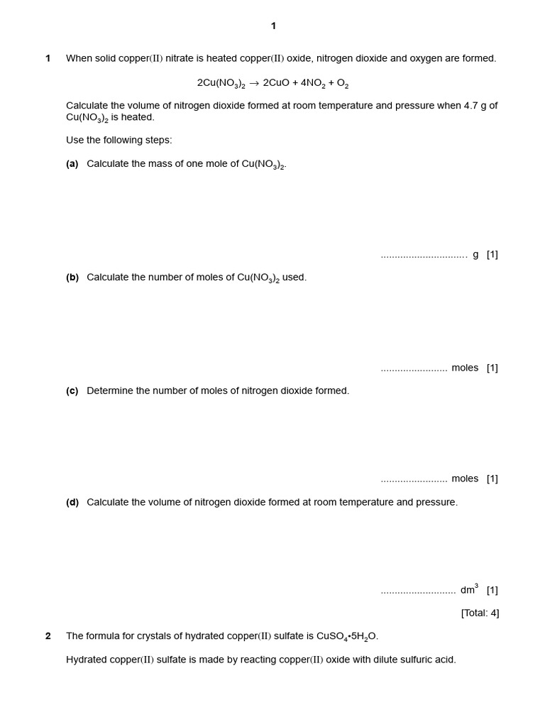 Cambridge Igcse Chemistry Worksheet_Chemical Calculations and ...