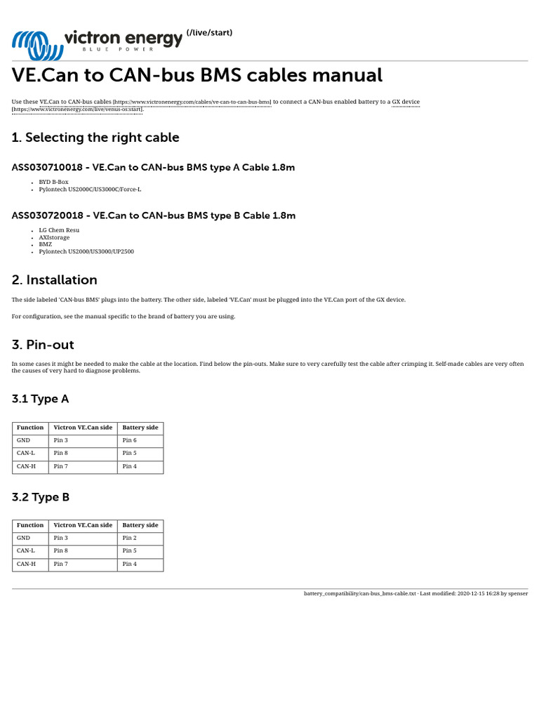 VE.Can to CAN-bus BMS cables manual [Victron Energy] | PDF