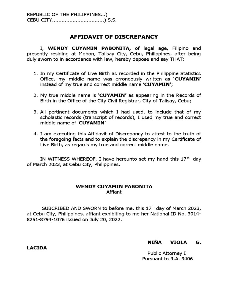 Affidavit of Discrepancy in Middle Name | PDF