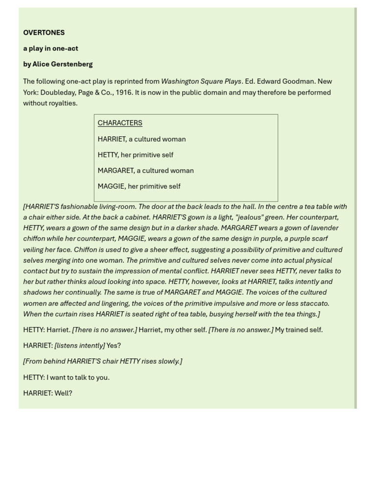 Overtone Conflicts in Alice Gerstenberg's Play | PDF